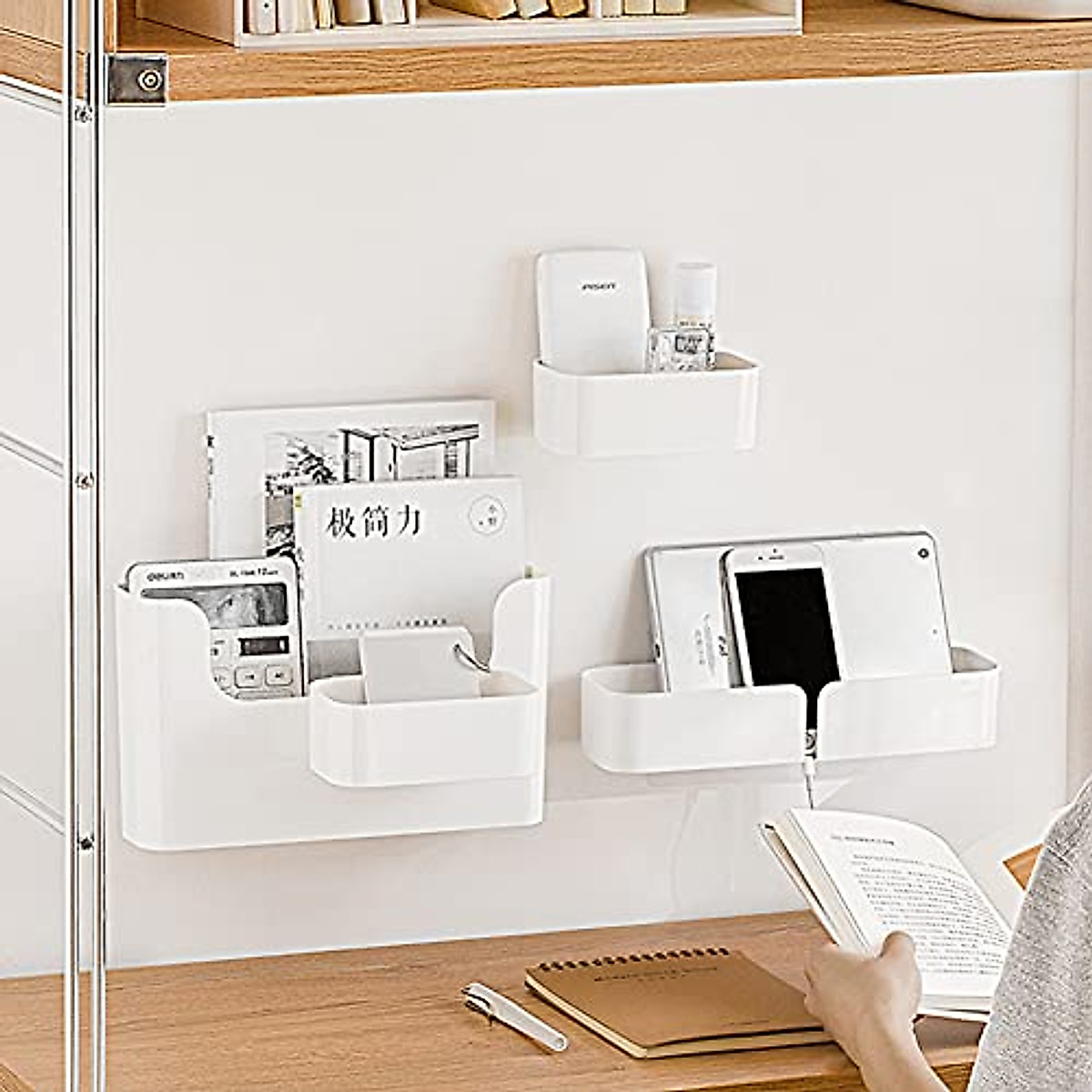 Cicano Adhesive Floating Shelves, 4Pcs Wall Mounted Shelves Bedside Caddy Stickable Shelf for Wall Bedside Wall Organizer White