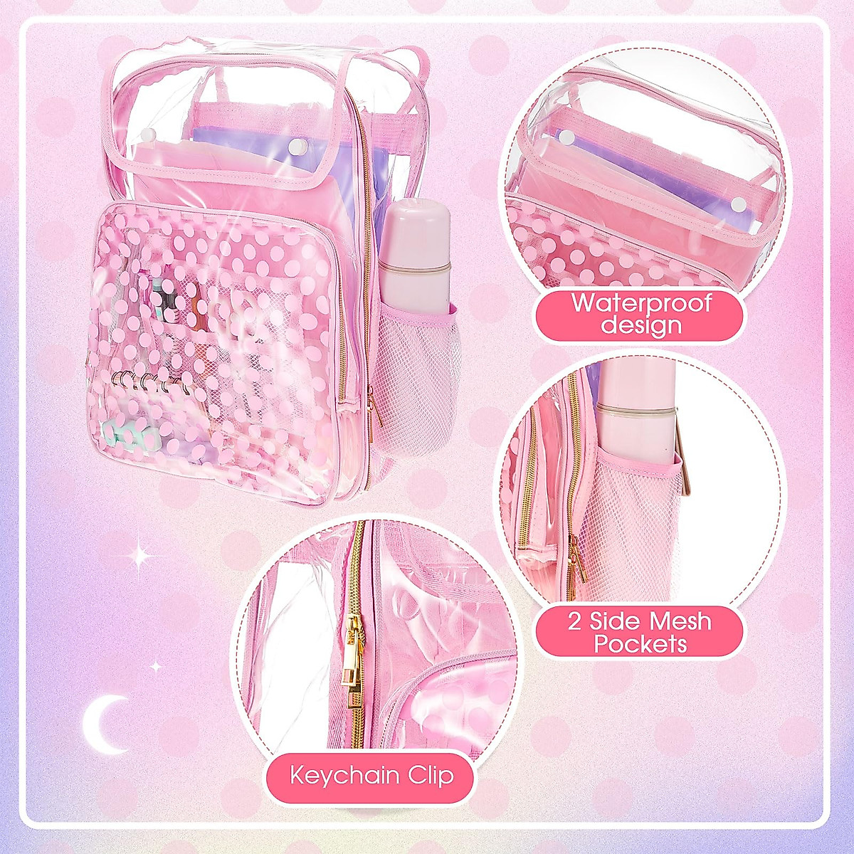 Sanwuta 3 Pcs Clear Backpack for Girls Pink Dots See Through Transparent Backpack Set Heavy Duty School Stadium Approved Book Bag with Lunch Pouch and Pencil Pouch for Kids Girls Boys