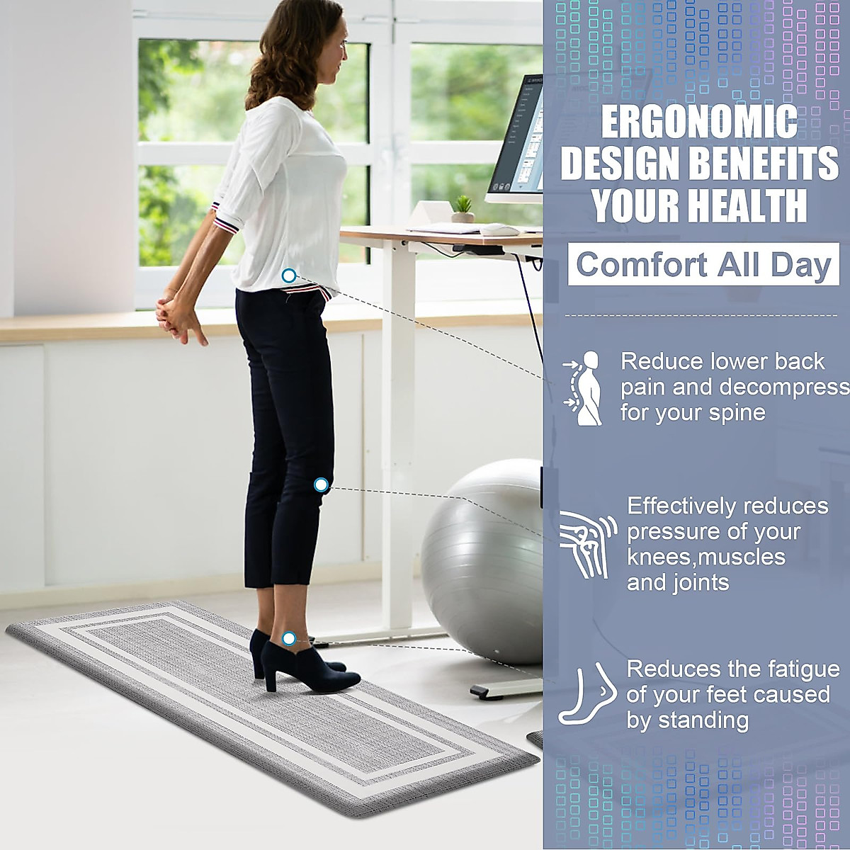 WEZVIX Anti Fatigue Kitchen Floor Cushioned Standing Mat Set, 1/2 Inch Thick Non Skid Waterproof PVC Memory Mats for Floor Sink Office Laundry, White