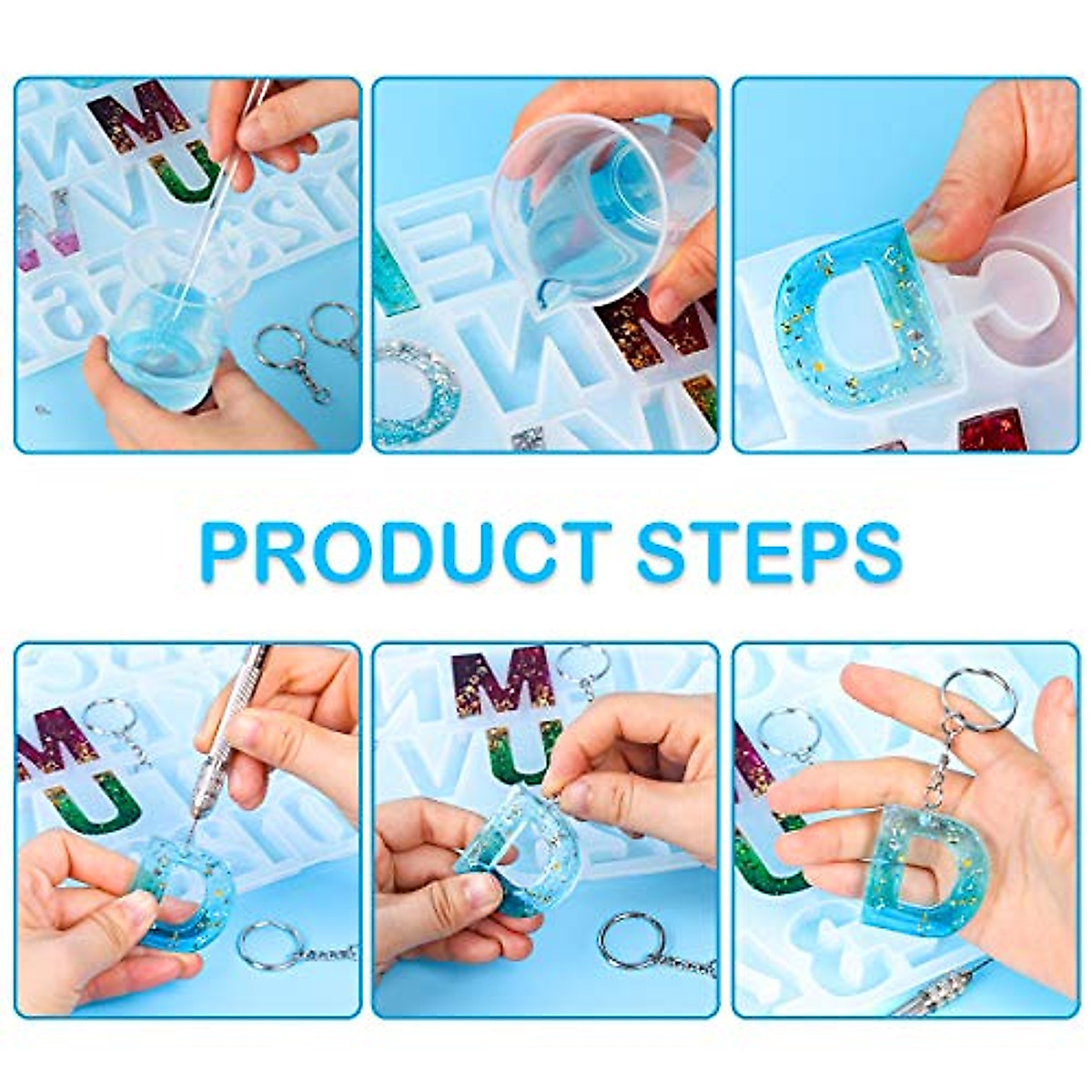 Mocoosy 134Pcs Silicone Alphabet Resin Molds Kit Letter Number Silicone Mold Epoxy Resin Casting Molds Keychain Making Set with 1 Hand Drill 2 Drill Bits 30 Key Rings 100 Screw Pins
