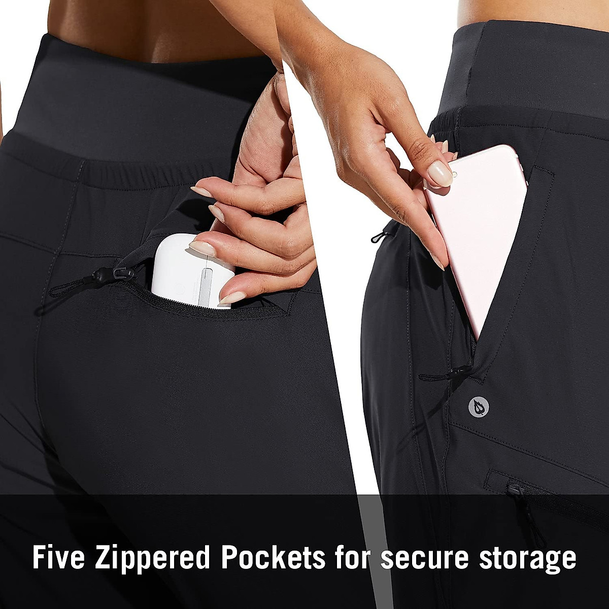 BALEAF Women's Joggers Lightweight Hiking Pants High Waist 5 Zipper Pockets Quick Dry Travel Athletic UPF50+ Black M