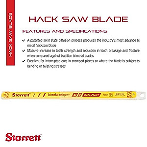 Starrett Bi-Metal Unique HSS Safe-Flex Hand Hacksaw Blade - Ideal for Contractors and Tradesmen - 12" Length, 1/2" Width, 0.024" Thickness, 24 TPI, 10-Pack - KBS1224-10