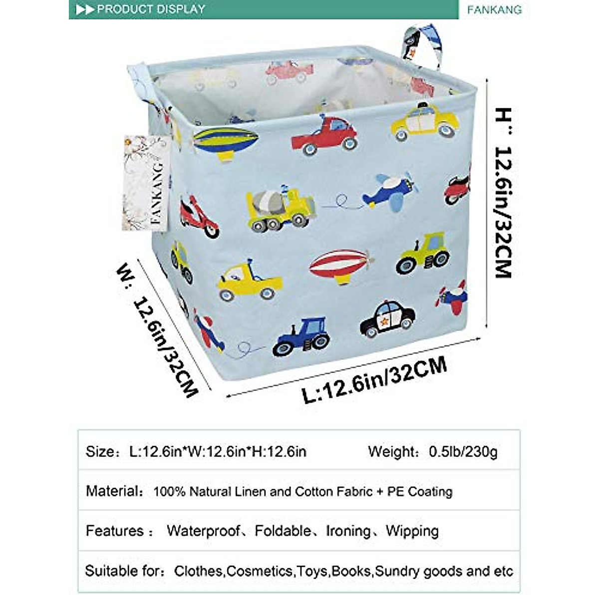 FANKANG Storage Bins Nursery Hamper Canvas Laundry Basket Foldable with Waterproof PE Coating Large Storage Baskets Gift Baskets for Kids, Office, Bedroom, Clothes,Toys (Cars)