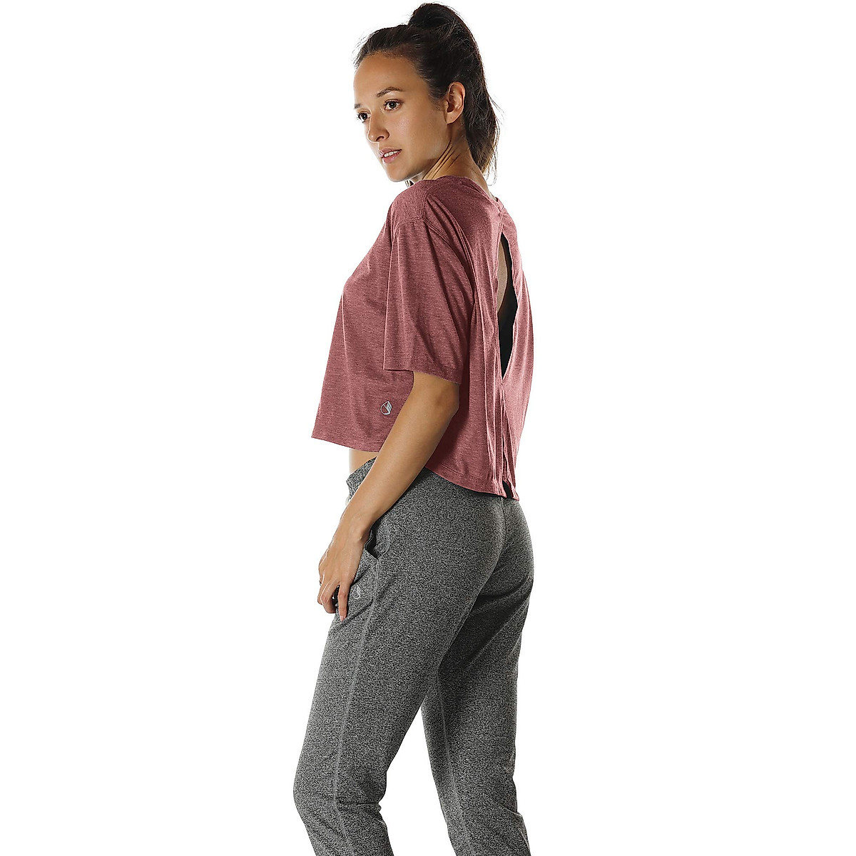 icyzone Open Back Workout Top Shirts - Yoga t-Shirts Activewear Exercise Crop Tops for Women (M, Burgundy)