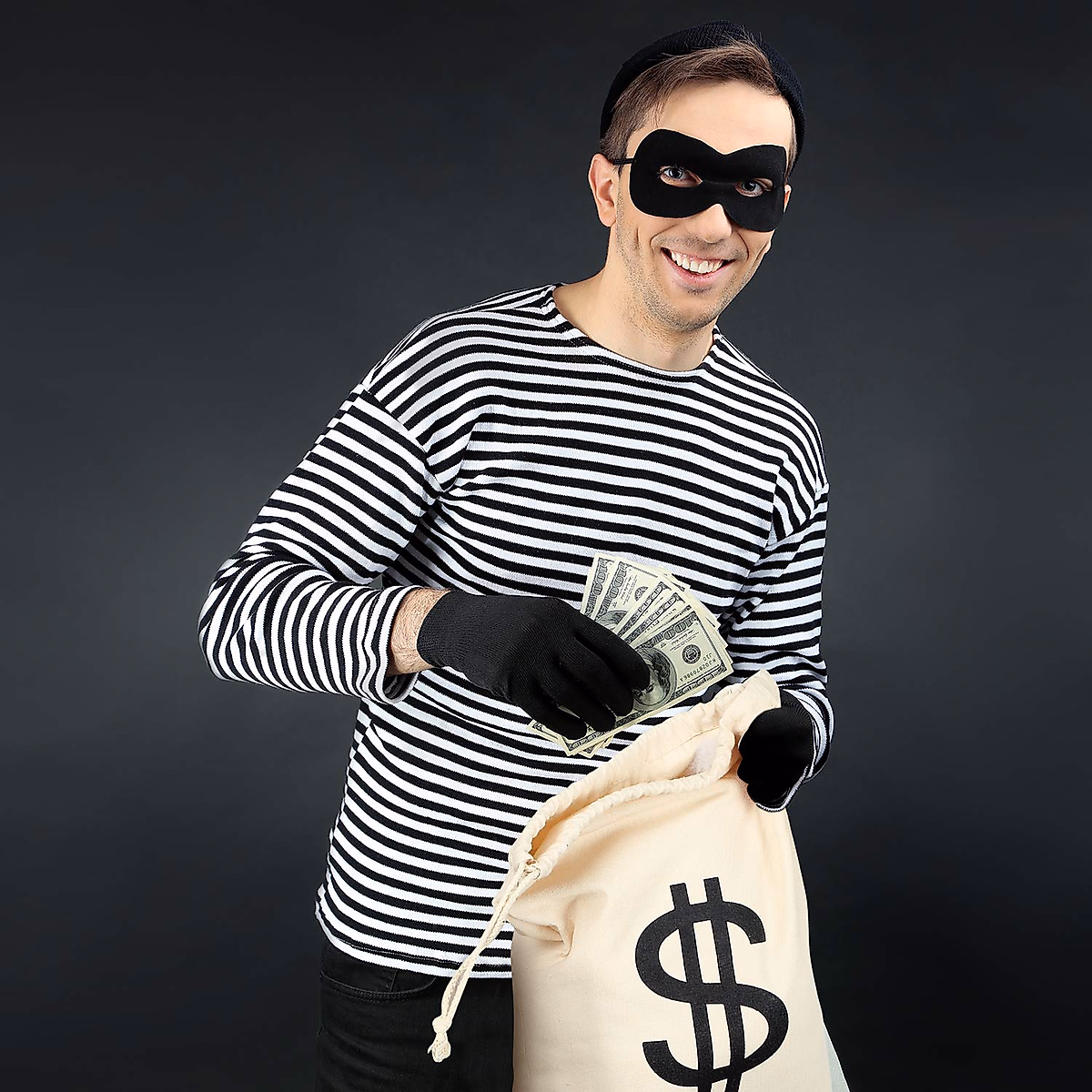 Robber Costume Set, Include 11.8x15.7inch Dollar Sign Money Bag, Black Gloves, Eye Mask for Halloween Party Pirate Thief Cosplay Costume