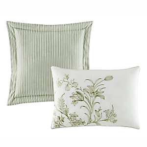 Laura Ashley Home - Queen Duvet Cover Set, Reversible Cotton Bedding, Includes Matching Shams with Bonus Euro Shams & Throw Pillows (Natalie Green, Queen)