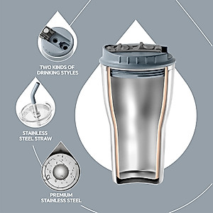 Ideus 14oz Stainless Steel Leak Proof Tumbler, Insulated Coffee Mug with Lid and Straw, Spill Proof Travel Coffee Cup, Double Wall Vacuum Flask for Adult Men and Women, Ultimate Gray