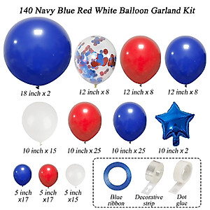 RUBFAC 140pcs Red White and Blue Balloon Garland Kit 4th of July Balloons Graduation Party Supplies Patriotic Balloon Arch for Nautical Party Decorations
