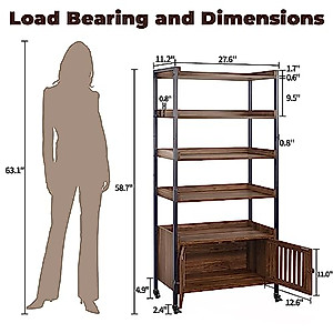 AMOWARE Bookshelf, 5 Shelf Bookcase, 2 Louvered Doors Storage and Metal Frame Wooden Industrial Bookshelf for Bedroom, Living Room, Office, Bathroom Tall Standing Rustic Bookshelf, Brown