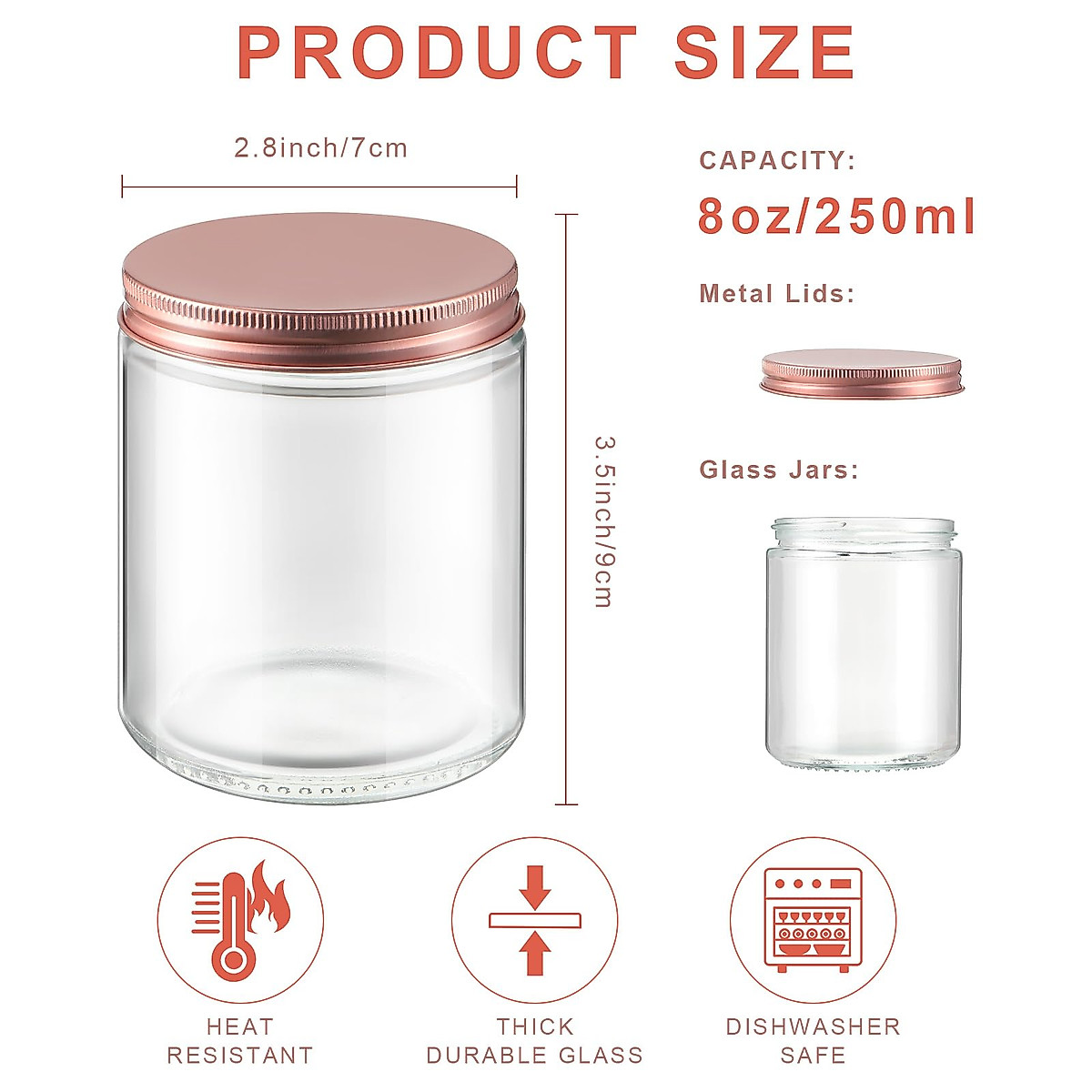 Tioncy 12 Pcs 8 oz 250 ml Thick Glass Jars with Metal Lids, Clear Candle Making Jars with Rose Gold Lids Empty Food Storage Containers Mason Canning Jar for Spice Powder Liquid Honey Cosmetic