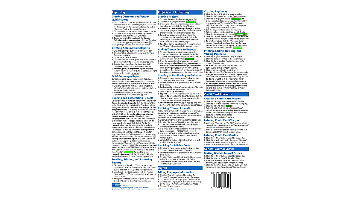 QuickBooks Online Cheat Sheet - Laminated Tutorial Guide for Beginners
