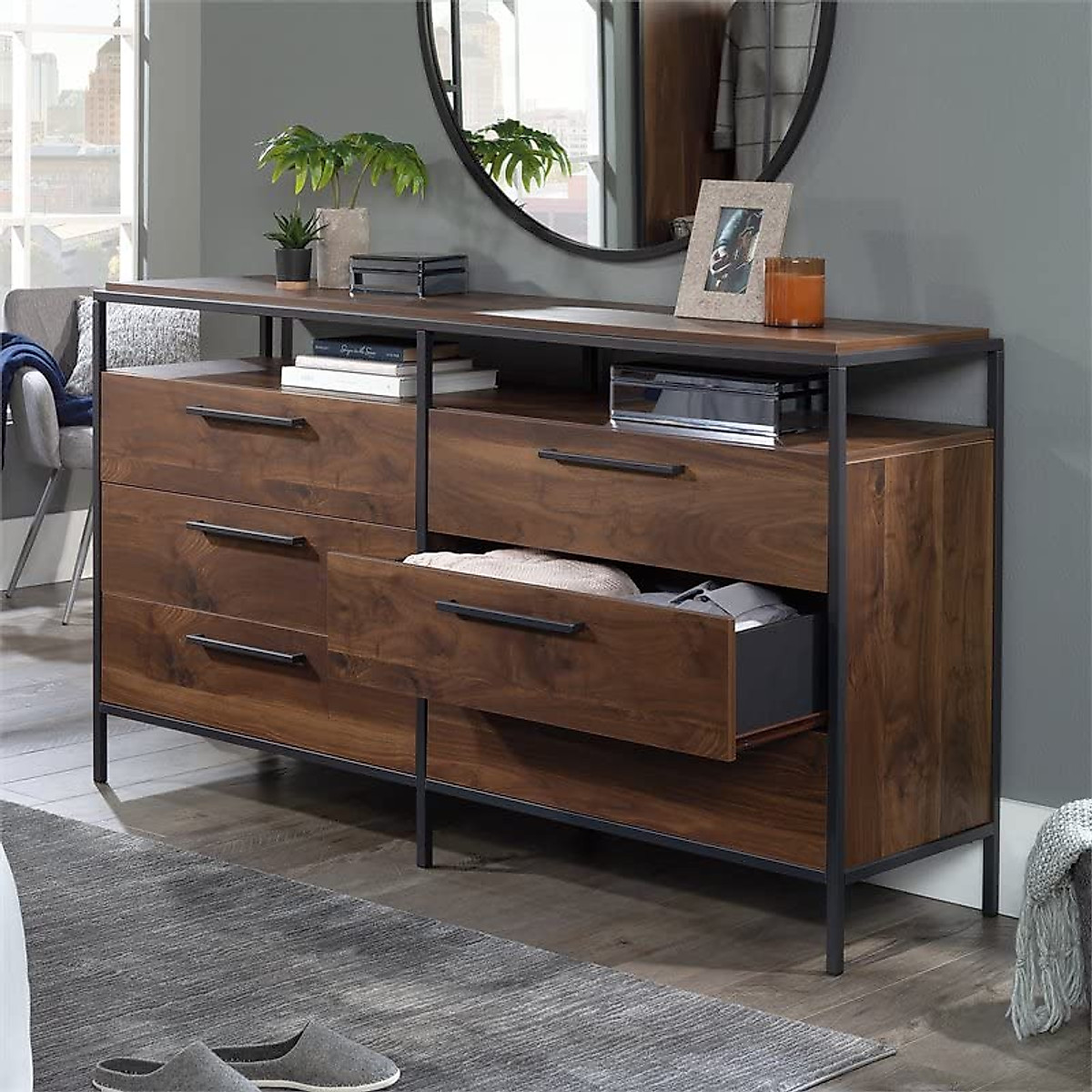 Sauder Nova Loft 6-Drawer Bedroom Dresser with Open Shelf, Grand Walnut Finish