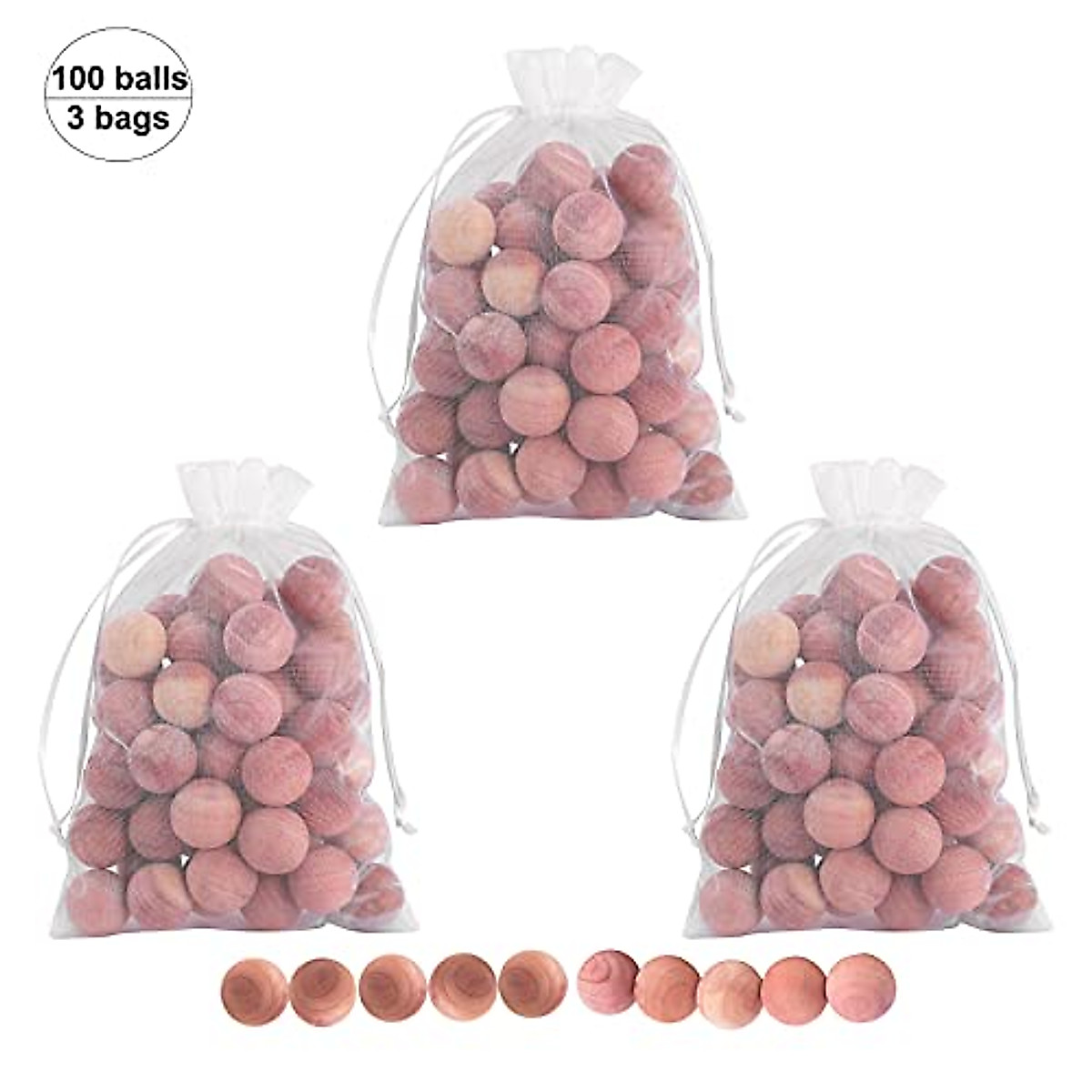 Brite Lightingtech Cedar Balls for Clothes Storages, 100pc Red Cedar Balls for Closets and Drawers with 3 Satin Bags