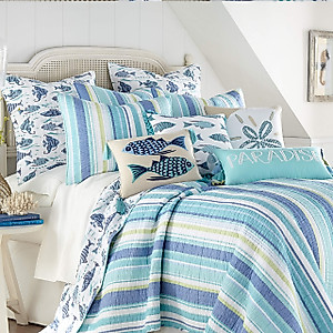 Levtex Home - Laida Beach Quilt Set - Full/Queen Quilt + Two Standard Pillow Shams - Coastal Stripe - Green, Blue, White - Quilt Size (88x92in.) and Pillow Sham Size (26x20in.) - Reversible - Cotton