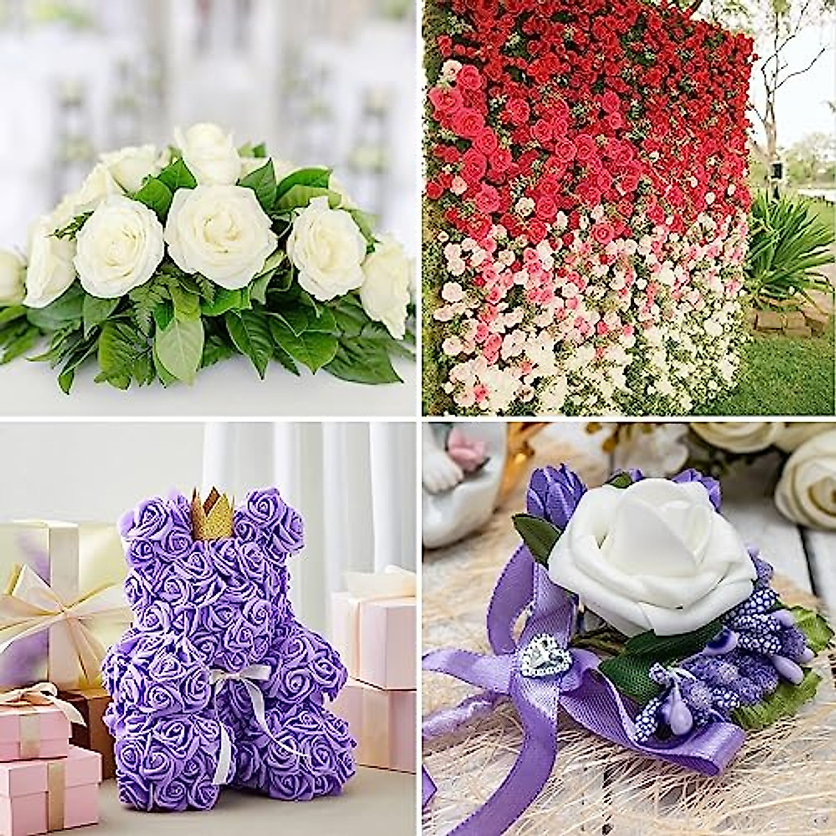 Yastouay 50Pcs 3.5inch Foam Rose Heads White Artificial Flowers Bulk Fake Foam Roses Stemless with Rhinestones & Butterfly for DIY, Baby Bridal Shower Cake Home Wedding Decor