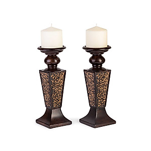 Creative Scents Schonwerk Pillar Candle Holder Set of 2- Crackled Mosaic Design- Functional Table Decorations- Centerpieces for Dining/Living Room- Best Wedding Gift (Brown)