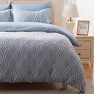 EMME Duvet Cover Set Microfiber, Tufted Queen Duvet Cover Set, Boho Bedding Sets Queen for All Seasons, 3 Pieces Embroidery Chic Duvet Cover Full, 1 Duvet Cover + 2 Pillowcases (Blue & White, Queen)