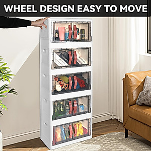 Plastic Storage Bins with Lids,200 Qt (50 Gal) Storage Cabinet,5 Pack Stackable Beige Wardrobe Closet Organizer,20.5 x 11.4 x 52.4Inch Foldable Plastic Storage Container with Door