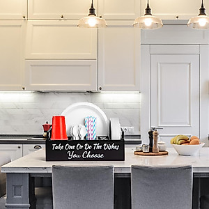 Paper Plate Organizer Holder for Countertop, Silverware Caddy with 6 Compartments for Plates, Cups, Fork, Knives, Spoon and Napkins, Paper Plate and Utensil Caddy for Party, Camping, Picnic (Black)