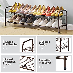 Hoctieon 2 Tier Shoe Rack for Closet, Shoe Rack FreeStanding, Entryway Shoe Shelf, Shoe Storage Organizer, Durable Mesh Style Shoe Rack, Brown
