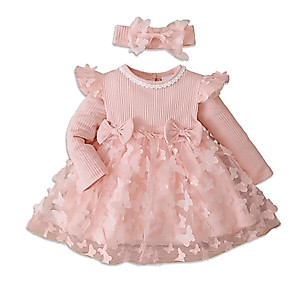 PATPAT Baby Girl Dress Long Sleeve Tutu Dress Infant Girl Tulle Dress Flower Girl Party Birthday Princess Dresses Light Pink 12-18 Months