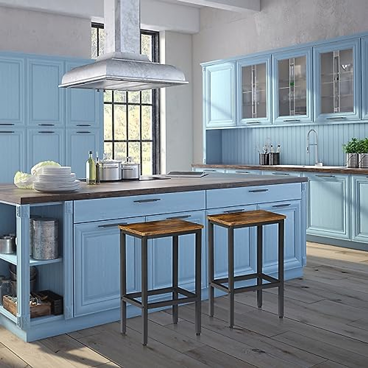 SUPER DEAL Counter Height Bar Stools Set of 2 for Kitchen, 26 Inches Industrial Backless Metal BarStools with Wood Top, Rustic Brown