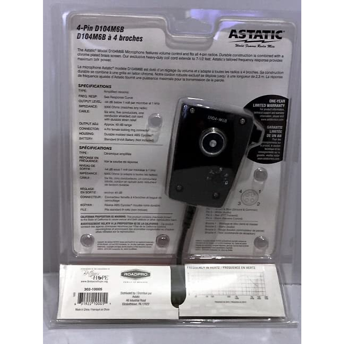 Astatic 302-10005 D104M6B Amplified Ceramic Power 4-Pin CB Microphone, Black