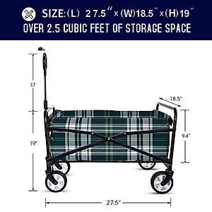 Collapsible Wagon Cart Plaid Menswear in Navy Blue Olive Khaki Green White Striped Textured Foldable Utility Wagon Large Capacity Garden Cart with Push Bar for Beach Camp Outdoor Shopping