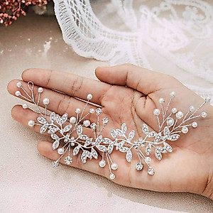 Unsutuo Crystal Bridal Headband Silver Rhinestone Leaves Wedding Hair Vine Pearls Bride Hair Pieces for Women and Girls(Silver)
