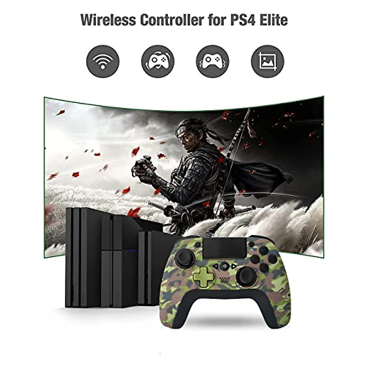 TJPD Wireless Game Controller with 2 Programmable Back Buttons, Compatible with PS4/PS3/iOS13.4+/PC/Android, Game Controller Remote with Turbo/Gyro/HD Dual Vibration/LED Indicator (Green Camouflage)