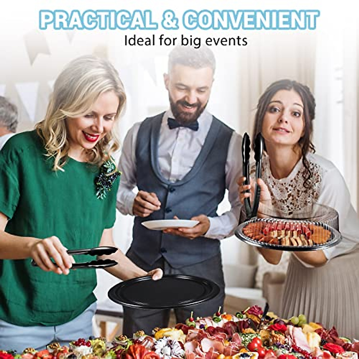 24 Sets 16 Inch Catering Trays with Lids Plastic Serving Trays with 24 Lids and 24 Plastic Serving Tongs Disposable Stackable Trays Black Round Catering Trays for Party Picnic Appetizers Takeout Food