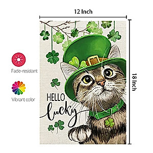 CROWNED BEAUTY St Patricks Day Cat Garden Flag 12x18 Inch Double Sided for Outside Small Hello Lucky Burlap Green Shamrocks Clovers Hat Yard Holiday Decoration