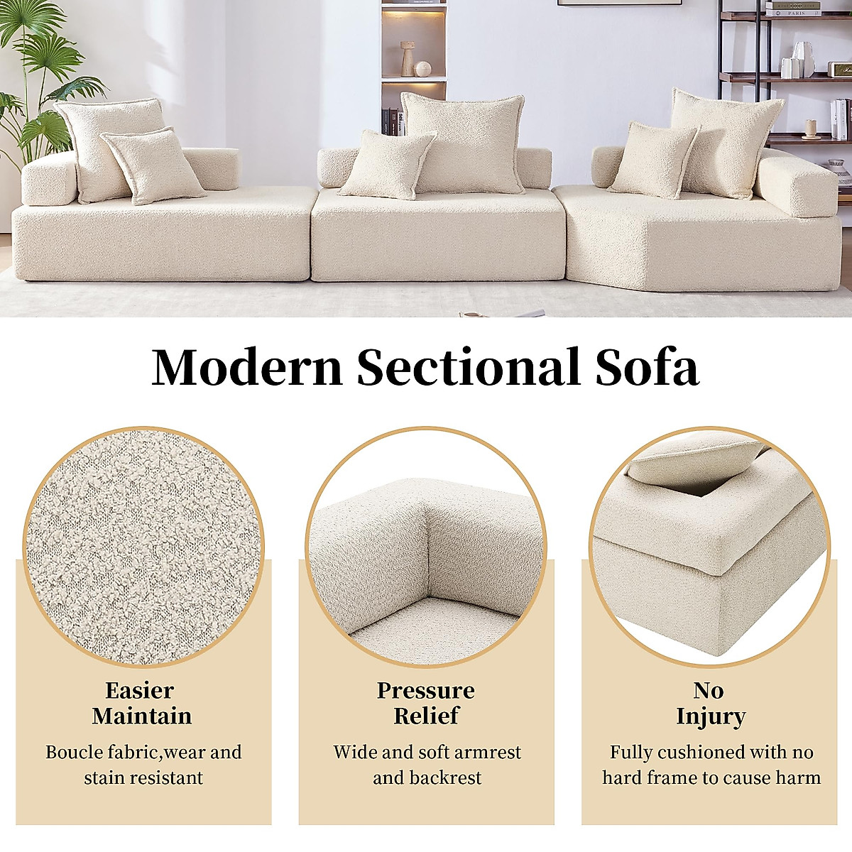Tmsan 151.5" Oversized Modular Sectional Sofa, Modern Curved Boucle Cloud Couch Large Sleeper Lounge Sofa, Convertible Floor Clouch Set with 6 Pillows for Living Room Apartment Office