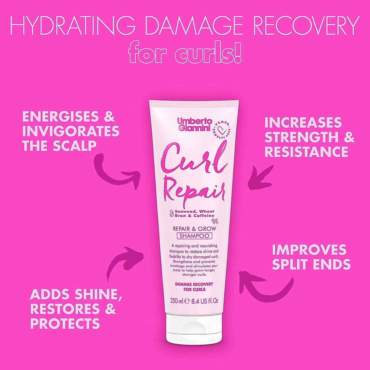 Umberto Giannini Curl Repair Shampoo, Vegan & Cruelty Free Repair & Growth Formula with Seaweed, Wheat Bran & Caffeine, 250 ml