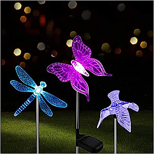 Outdoor Solar Garden Stake Light 3 Pack- Color Changing LED Stake Lamp In-ground Landscaping Lights for Garden Patio Yard Lawn Pathway Flower Bed Decorations Figurine Butterfly Dragonfly Hummingbird