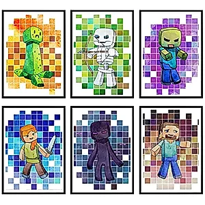 Mining Fun Wall Art Pixel Mine Posters for Boys Room – Miner Gamer Themed Wall Decor – Unframed Set of 6 Prints, 8x10 Inch, Unique Watercolor Painted Gaming Wall Art Room Decor for Boys, Teens, Kids Bedroom, Game Room, Playroom