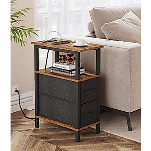 VIMBER Narrow Side Table for Small Spaces, Skinny End Table with Charging Station, Sofa Beside Table with 2 Drawers 1 Open Compartment, Slim Nightstand with USB Ports Outlet, Rustic and Brown UTBT004F