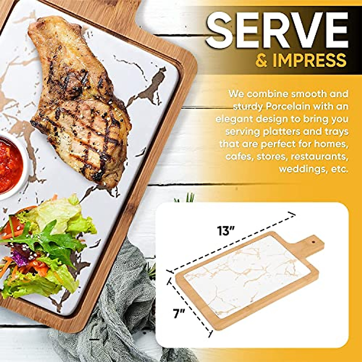 Steak Serving Plate by Chef's Unique -13" Wooden, Porcelain Serving Plates