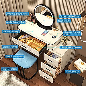 LVSOMT Vanity Desk with 3-Color Touch Screen Lighted Mirror, Makeup Vanity Table Set with Lights & Charging Station, 4 Drawers, Dressing Table with Stool for Women Girls (Wood-White)