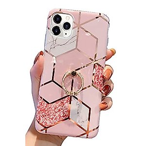 Qokey Compatible with iPhone 11 Pro Max Case,Marble Cute Fashion for Men Women Girls with 360 Degree Rotating Ring Kickstand Soft TPU Shockproof Cover Designed for iPhone 11 Pro Max 6.5" Grid Bling