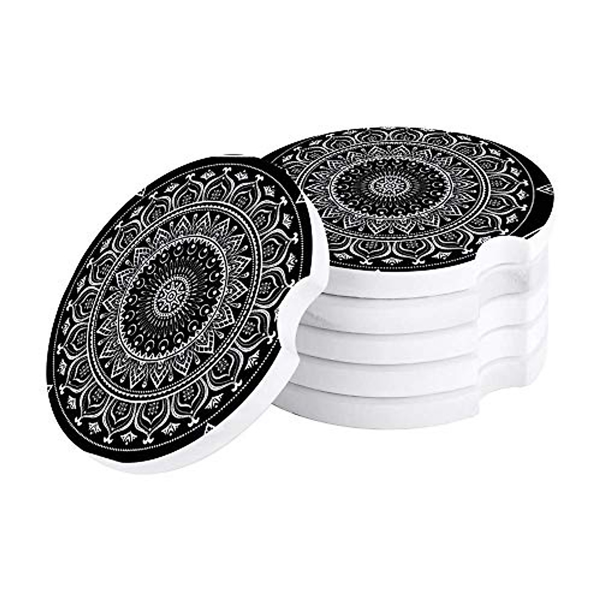 Absorbent Car Coasters for Cup Holders Black and White Indian Mandala, Small 2.56inch Ceramic Stone Drink Coaster for Women Men, Hippie Boho Tribal Art Set of 2 Pack