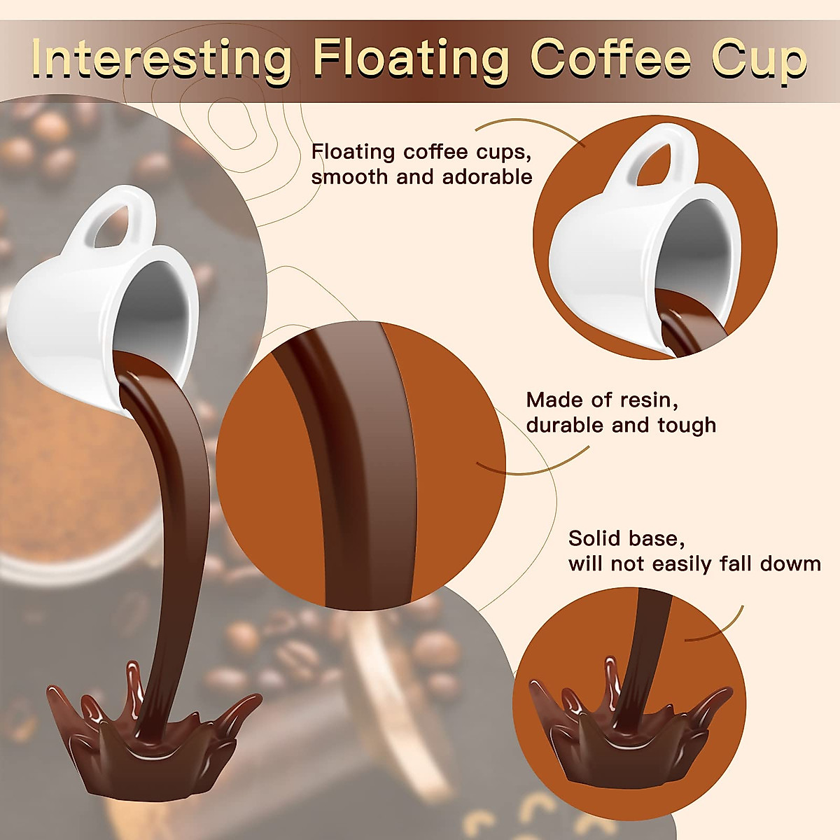 WEBBYBEAR Floating Coffee Cup Sculpture, 2 Pieces 8.7 in Magic Pouring Spilling Splash Coffee Mugs, Funny Resin Coffee Mug Decorations for Cafe or Kitchen (Brown, Black)