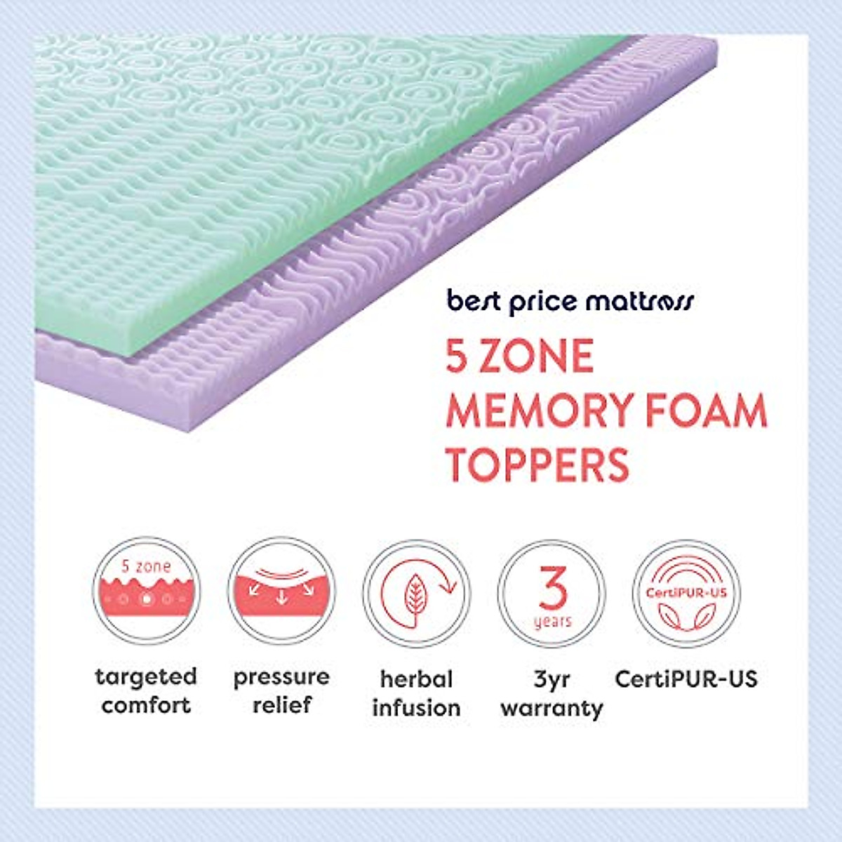 Mellow 1.5 Inch 5-Zone Memory Foam Mattress Topper, Calming Aloe Infusion, Twin