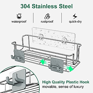 Thideewiz 3 Pack Adhesive Hanging Shower Caddy, 2.7-3.1inch Height Stainless Steel Bathroom Organizer, Silver Polished Shower Shelves with 4 Plastic Hooks and 4 Adhesives