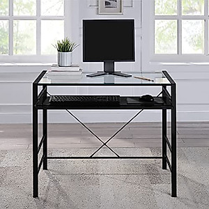 OSP Home Furnishings Zephyr Computer Desk with Keyboard Shelf and Tempered Glass Top, Clear Glass and Black Frame, 36" W x 20" D x 30.25" H