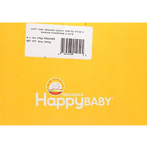 Happy Baby Organics Clearly Crafted Stage 2 Baby Food Bananas Raspberries & Oats, 4 Ounce Pouch Resealable Baby Food Pouches, Fruit & Veggie Puree, Organic Non-GMO Gluten Free Kosher (Pack of 8)