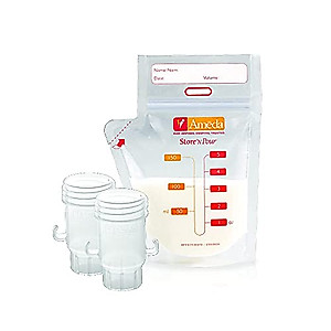 Ameda Store N Pour Breast Milk Storage Bags with Adapters, 20-Count, Resealable Breast Milk Storage Bags with Easy-Pour Spout for Storing Breast Milk in Refrigerator or Freezer