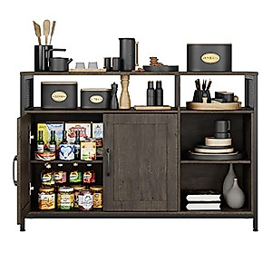HITHOS Kitchen Wood Floor Cabinet, Accent Sideboard Buffet with Storage, Doors and Shelves, Industrial Living Room Dining Room Furniture, Dark Brown