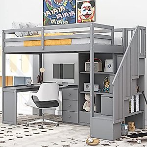 Wood Loft Bed Twin Size, Multifunctional Twin Bed Frame with L-Shaped Desk and Drawers, Cabinet and Storage Staircase, Gray