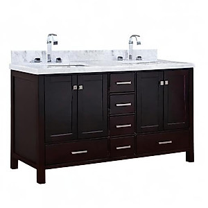 ARIEL Cambridge A061DCWRVOESP 61" Inch Double Sink Bathroom Vanity Cabinet in Espresso with Carrara White Marble Countertop Rectangular Sinks